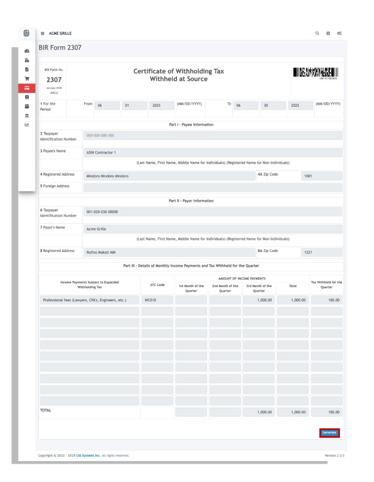 Generating BIR Form 2307 - Oojeema